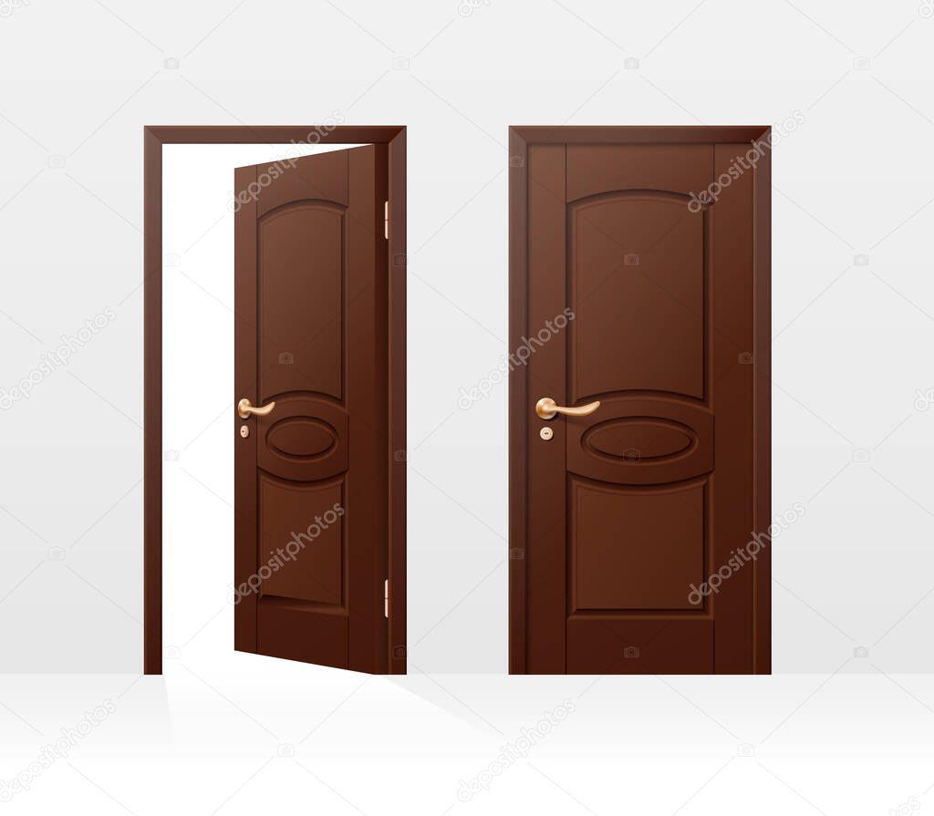 Puerta de madera marrón abierta y cerrada puerta realista aislada sobre fondo blanco Vector de ...
