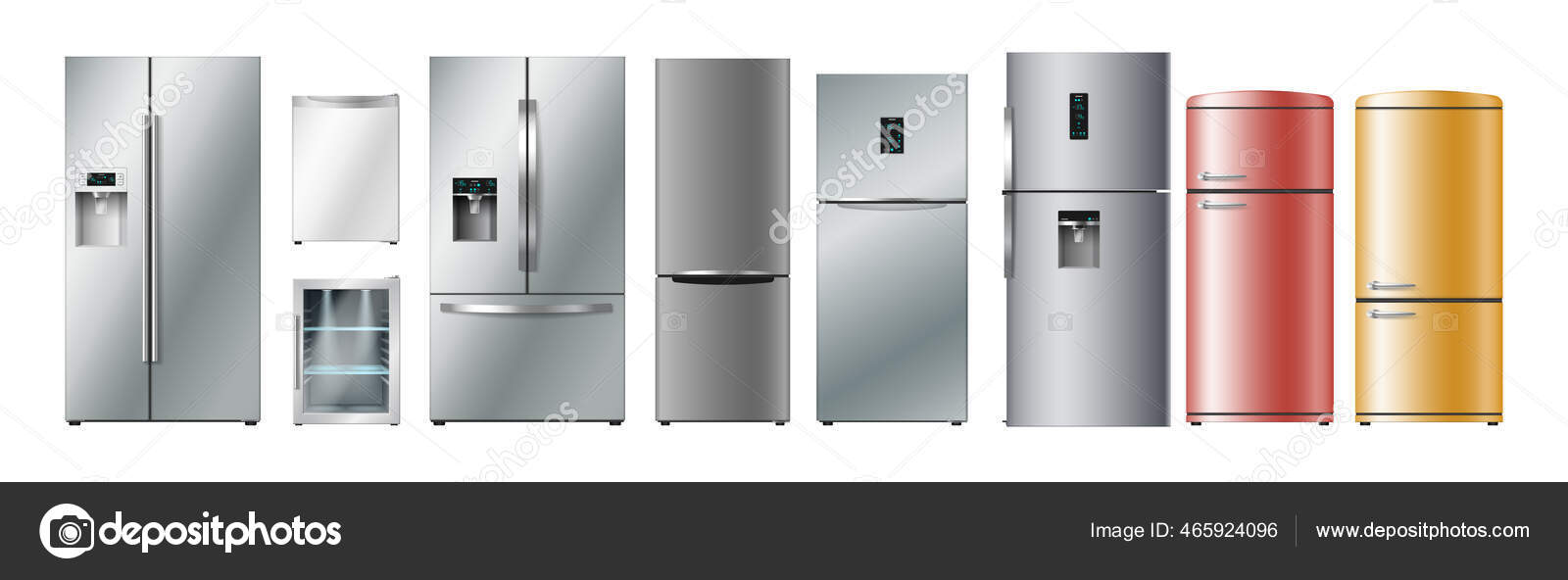 Set of realistic refrigerators of different size, style and color. 3d ...