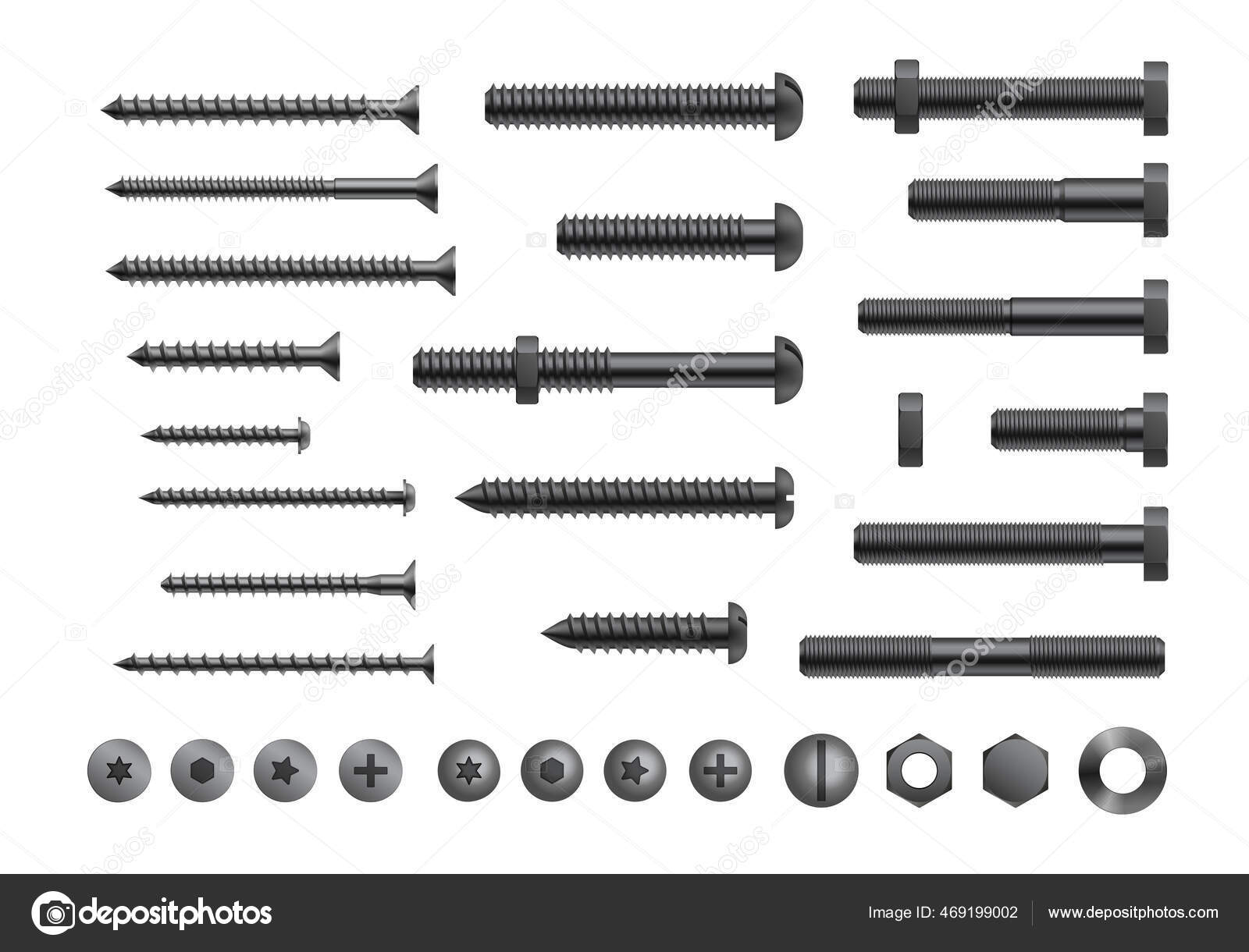 Realistic bolt, screw and nut collection. Metal nails, rivets head with ...