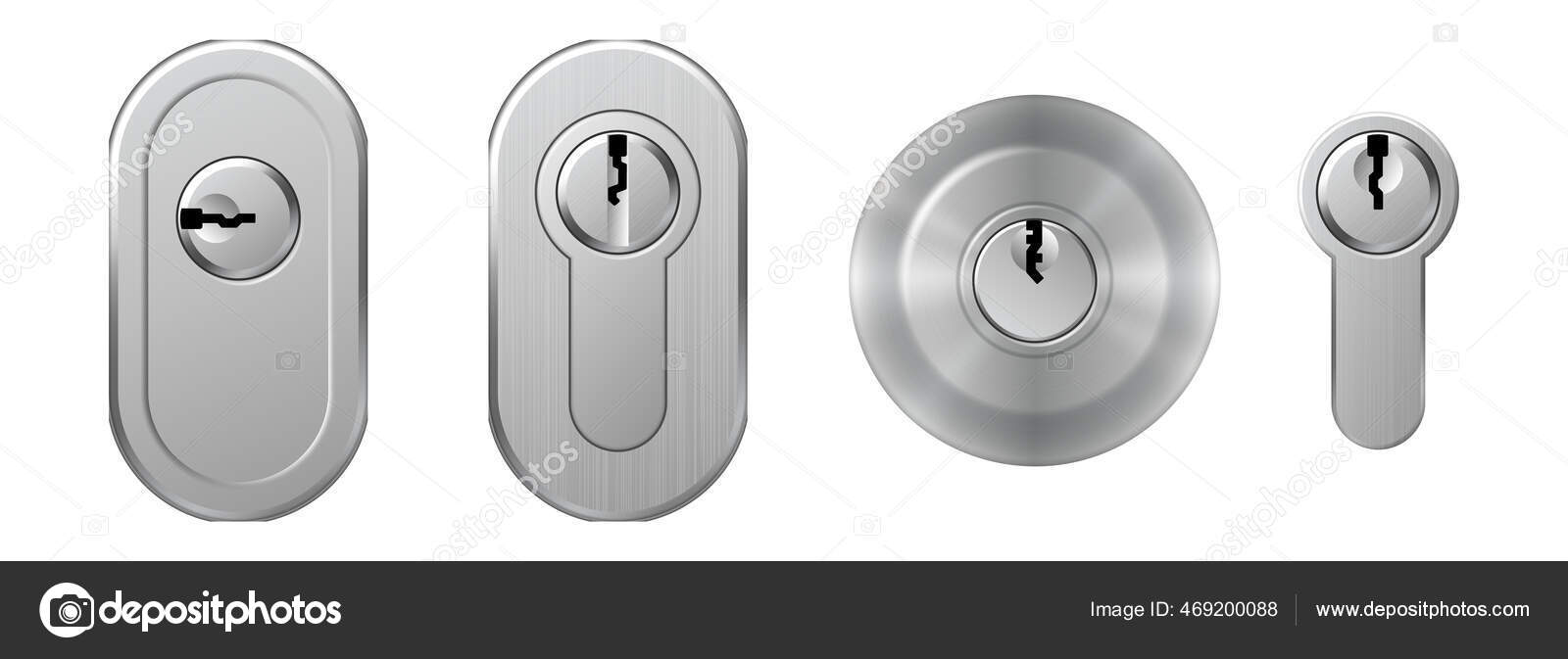 Keyholes on silver steel plates. Realistic detailed set of 3d key holes ...