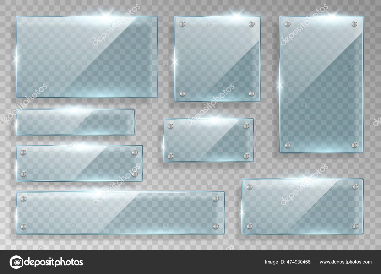 Set of realistic glass nameplates isolated on checkered background ...