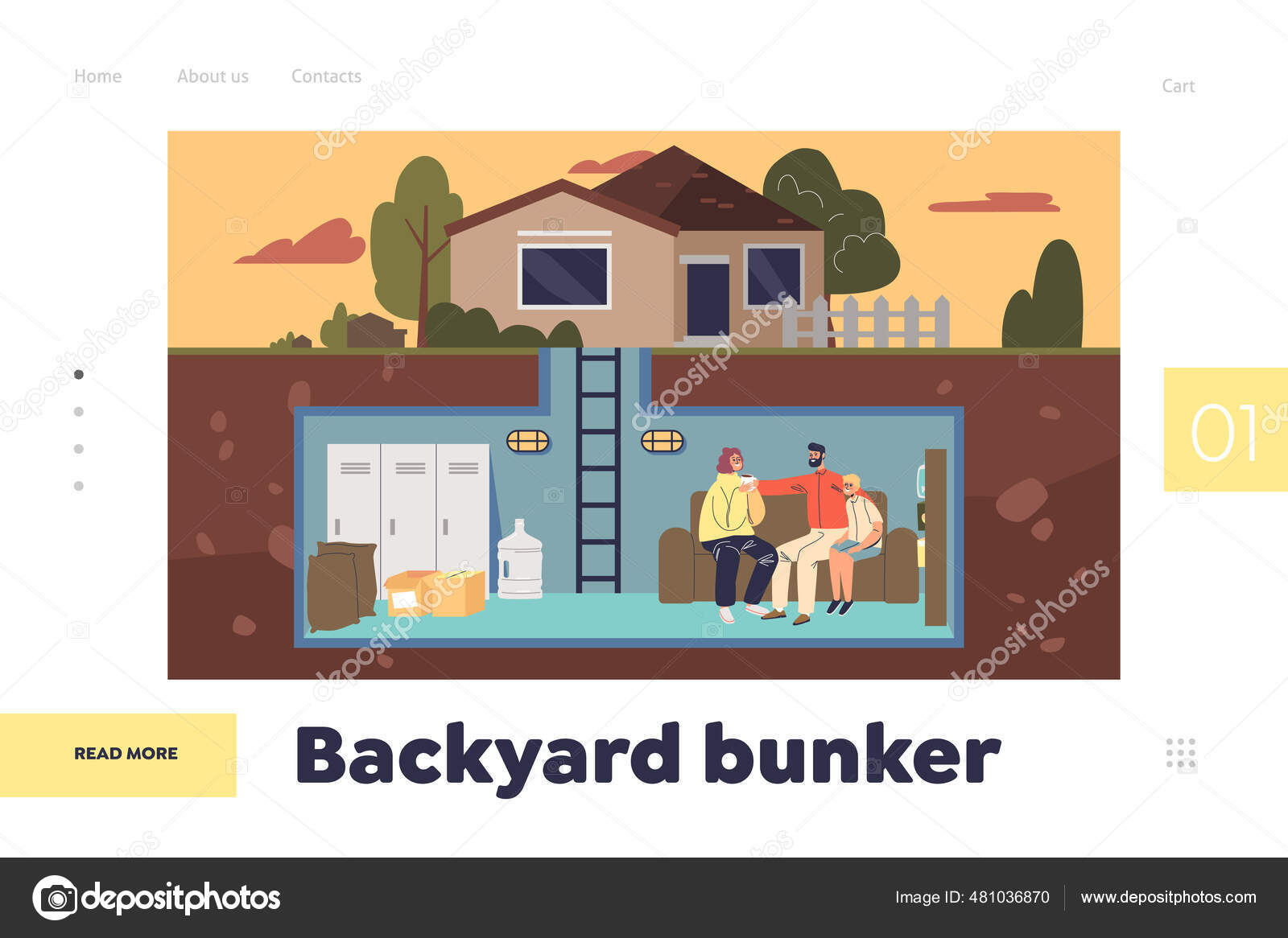 Backyard bunker concept of landing page with family in underground home safe room with food ...