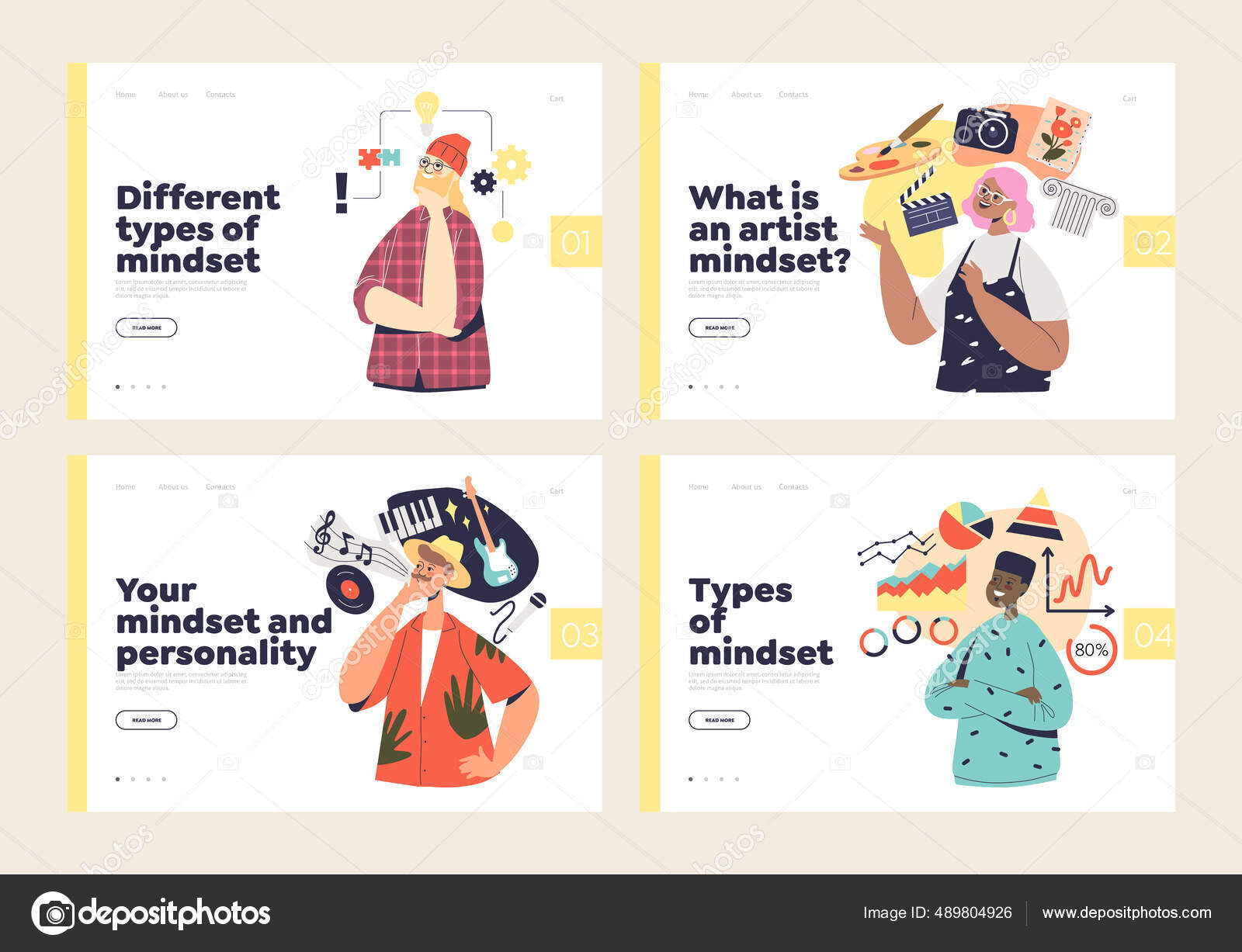 Different types o mindsets: landing pages with creative, artistic ...