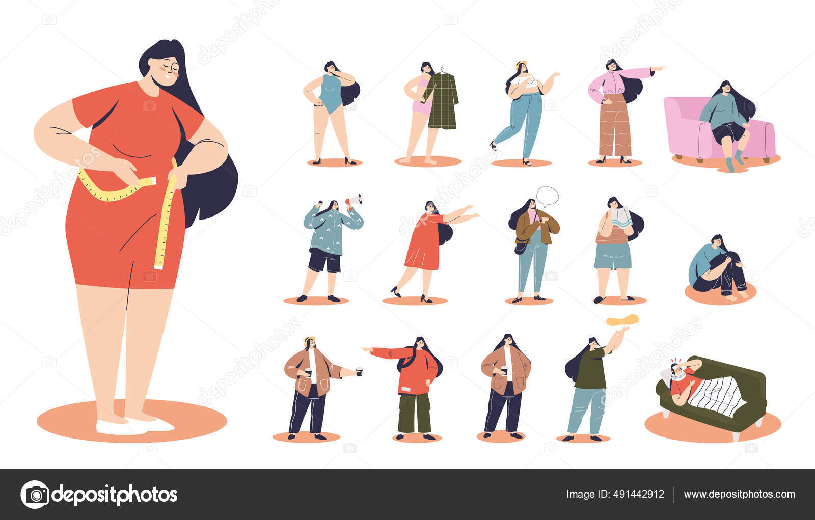 Set of plus size cartoon female measuring waist in different lifestyle ...