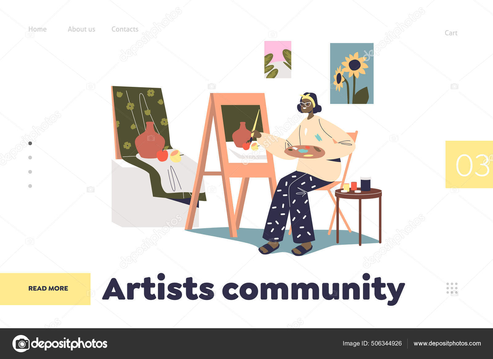 Artist community concept of landing page with woman drawing picture in ...