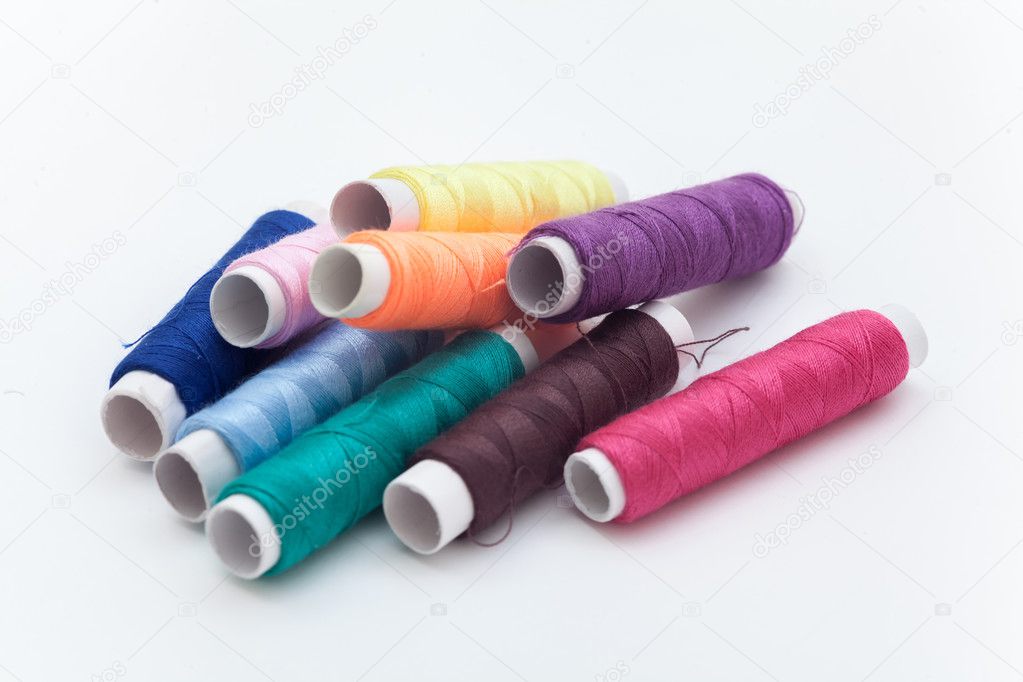 Many color thread, String, Cord, Hank, Strand on the white backg ...