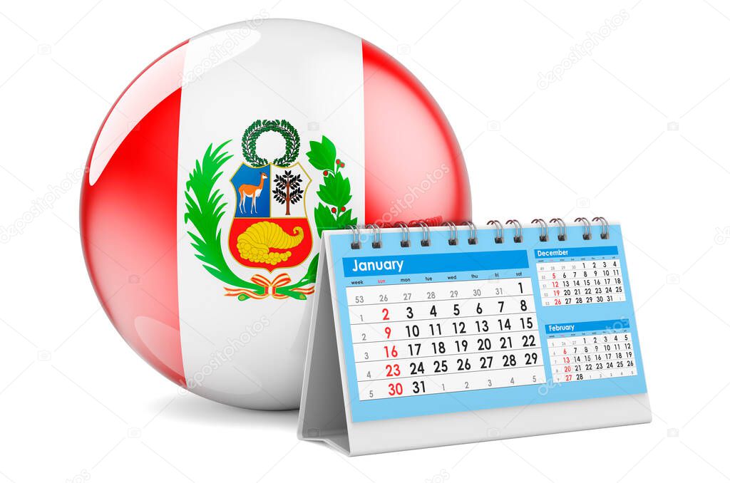 Calendario de escritorio con bandera peruana. Representación 3D aislada ...