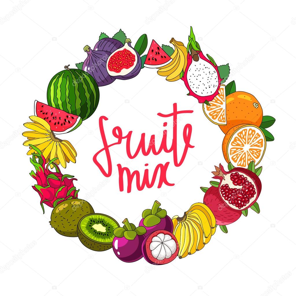 Fruit round frame. Calligraphy Fruit Mix. Stock Vector by ©chekat 104381856