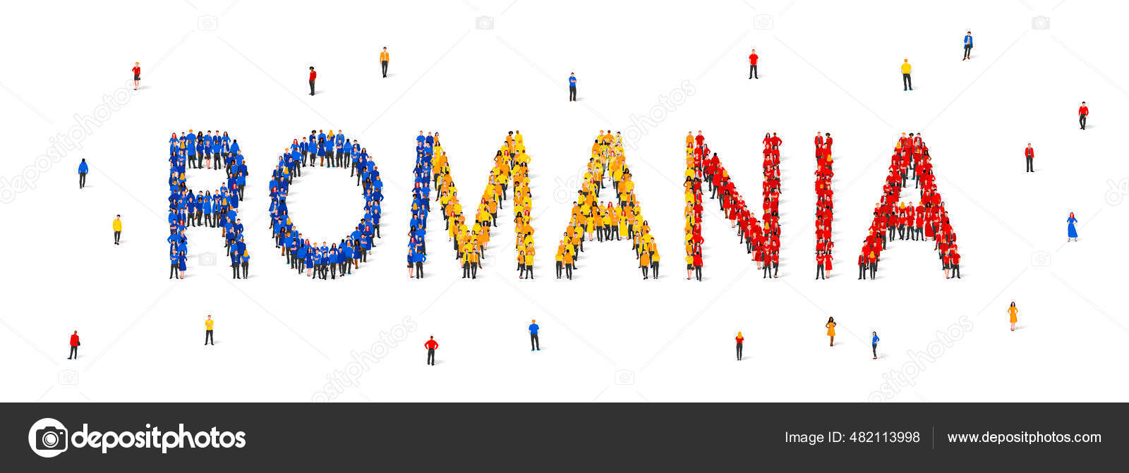 Crowd People Standing Blue Yellow Red Robes Making Word Romania Stock ...