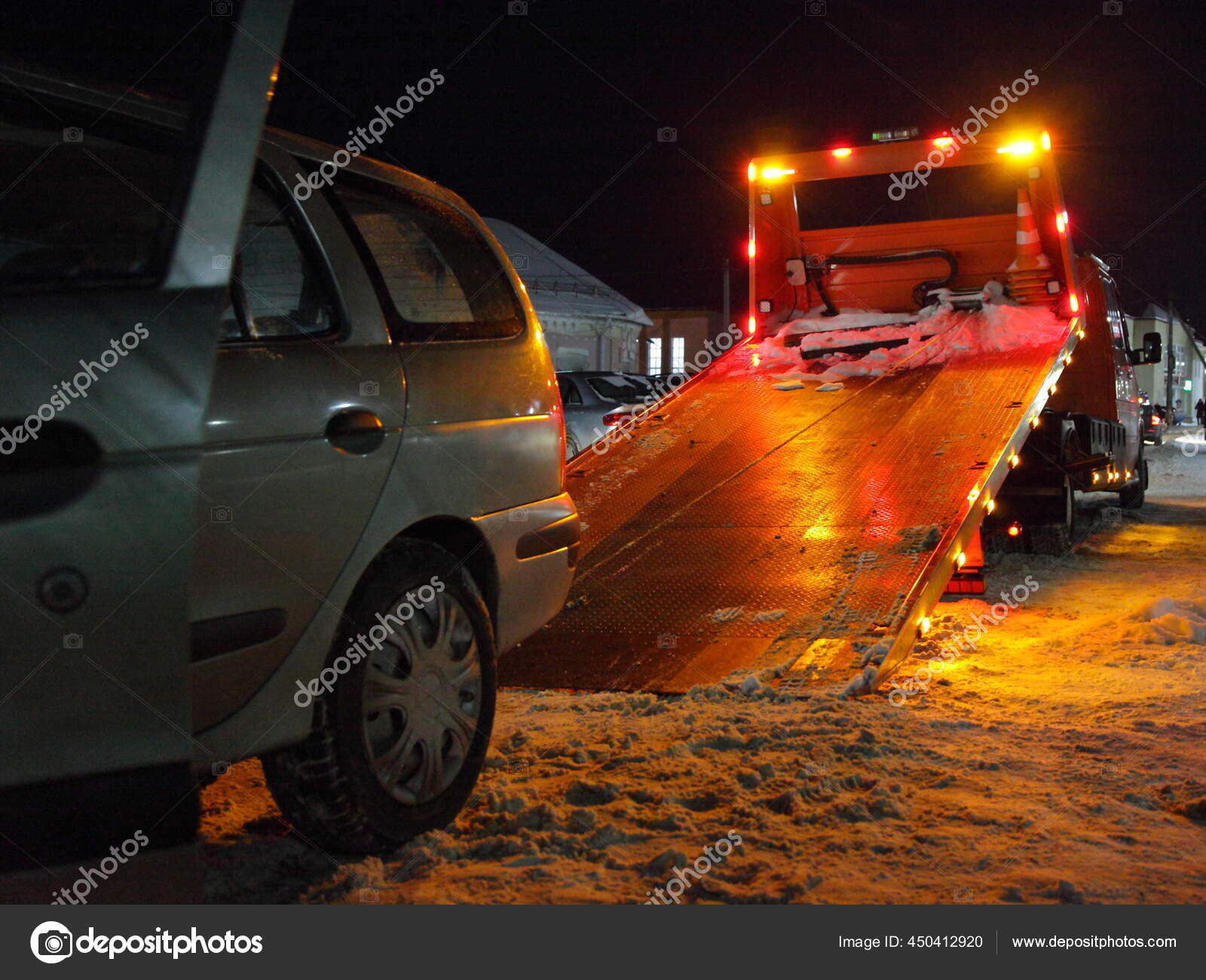 Loading Car Tow Truck Lighted Platform Close Side View Winter Stock ...