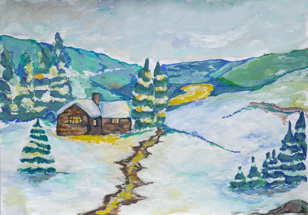 Pinturas de dibujo para niños ha llegado el invierno. Casa de campo con ...