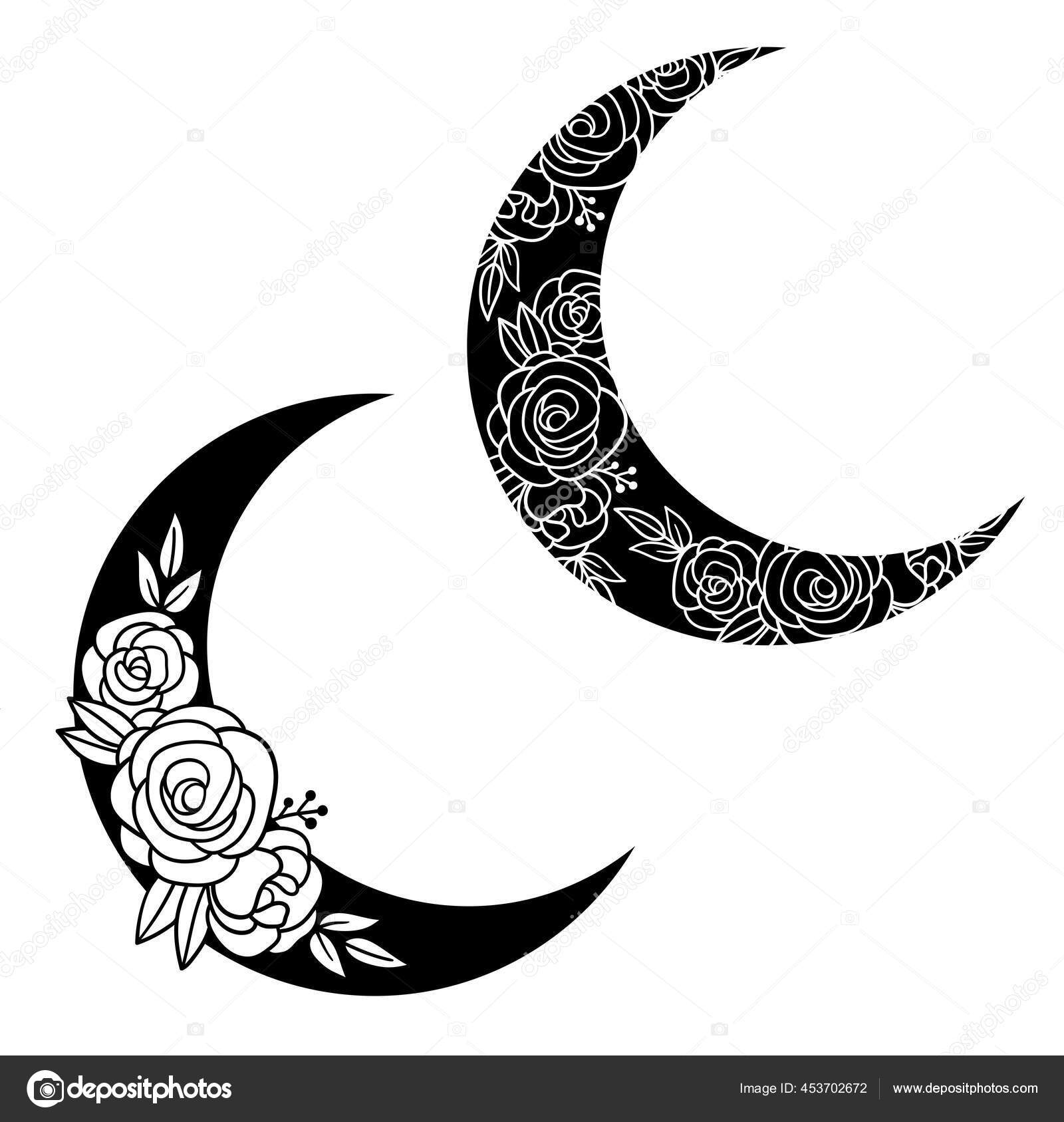 Bulan Sabit Bunga Vektor Gambar Tangan Tato Desain Logo Undangan Vektor ...