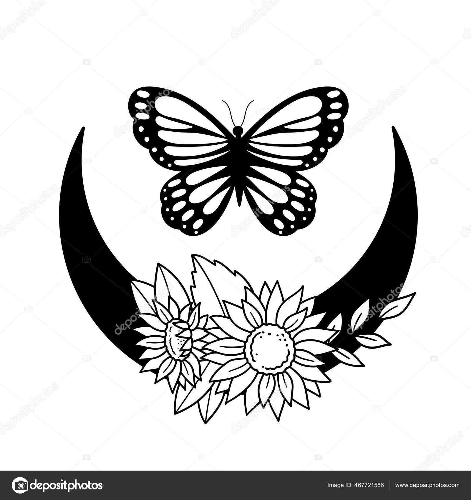Butterfly Sunflowers Moon Boho Moon Outline Drawing Line Vector ...