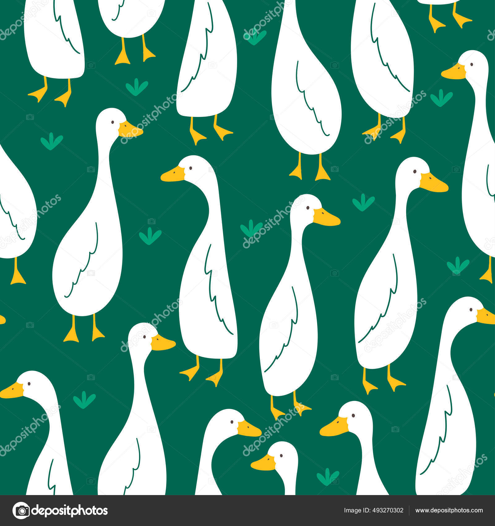 Pattern Cute Goose Green Background Vector Illustration Flat Style ...