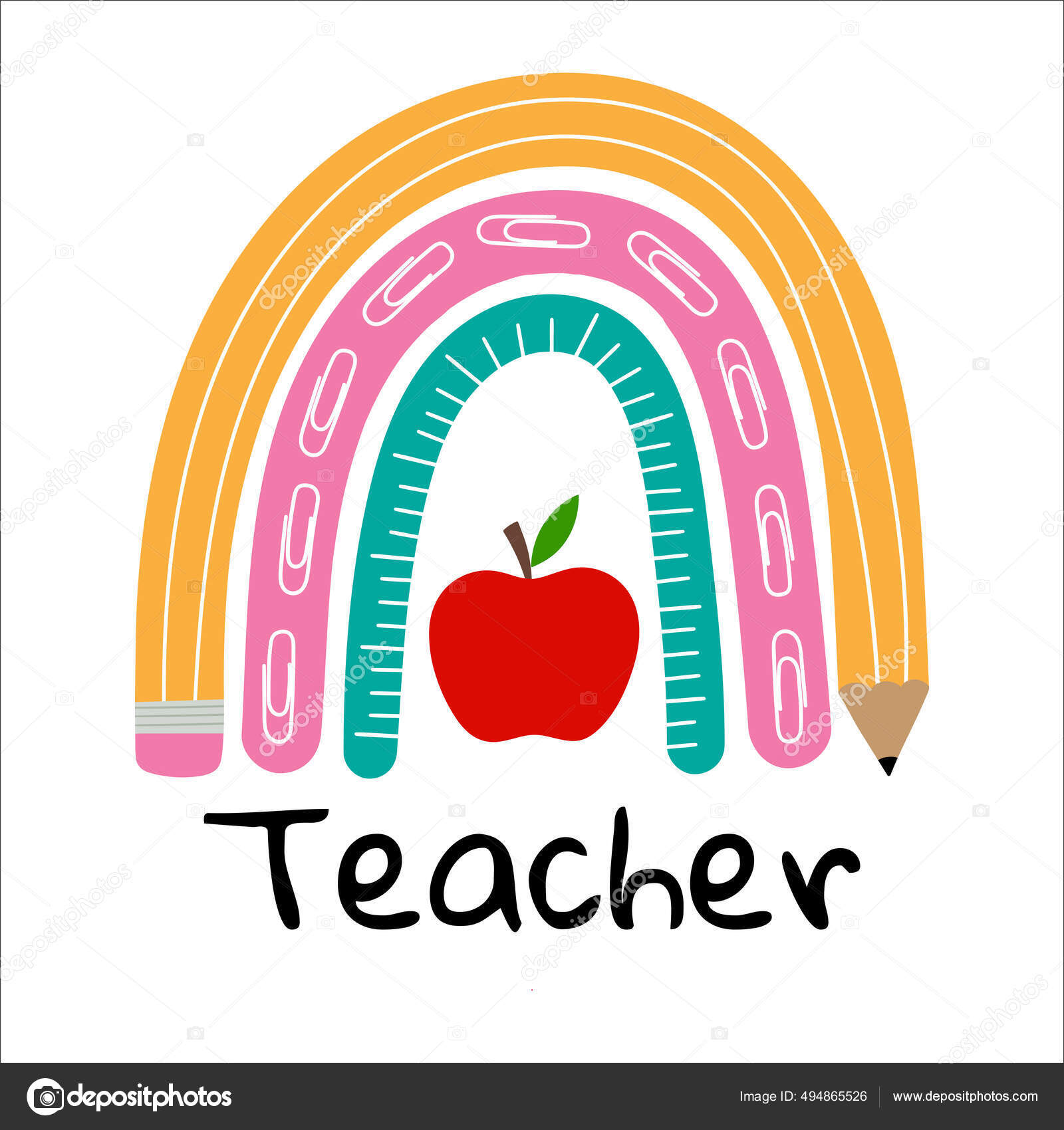 Teacher Rainbow School Rainbow Red Apple Pencil Ruler Vector ...