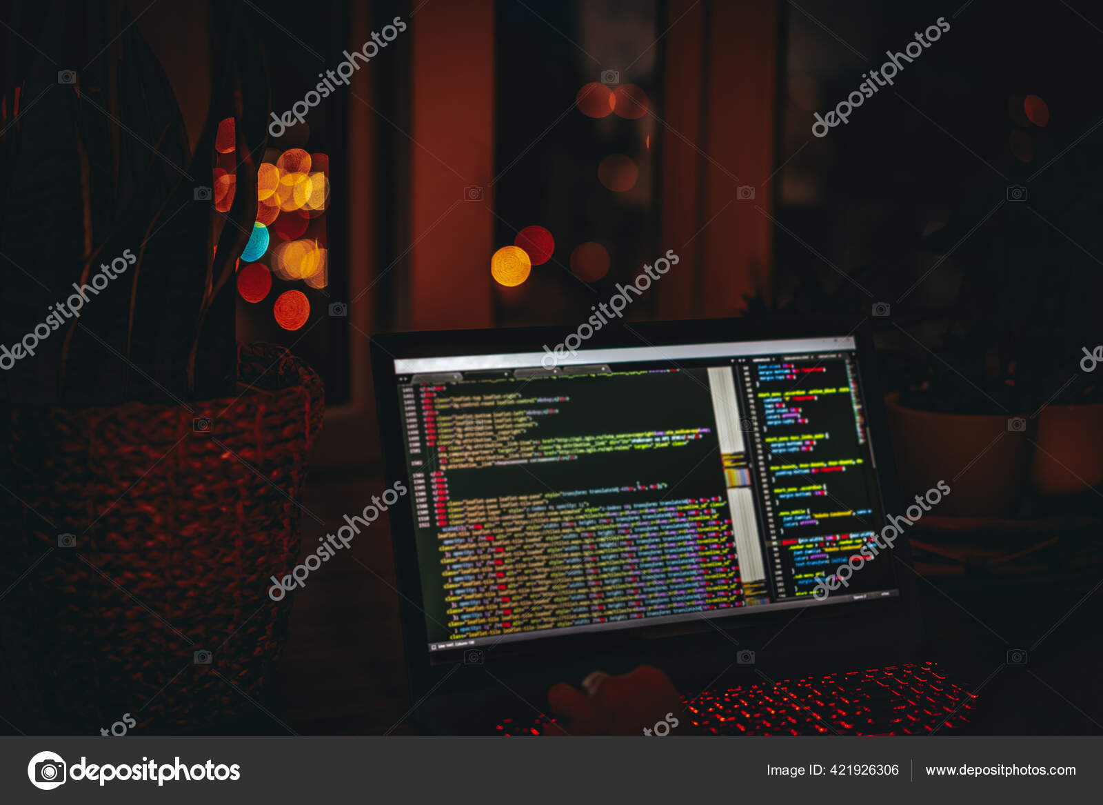 Young Man Programmer Coding Laptop Dark View Lights Night City — Stock ...