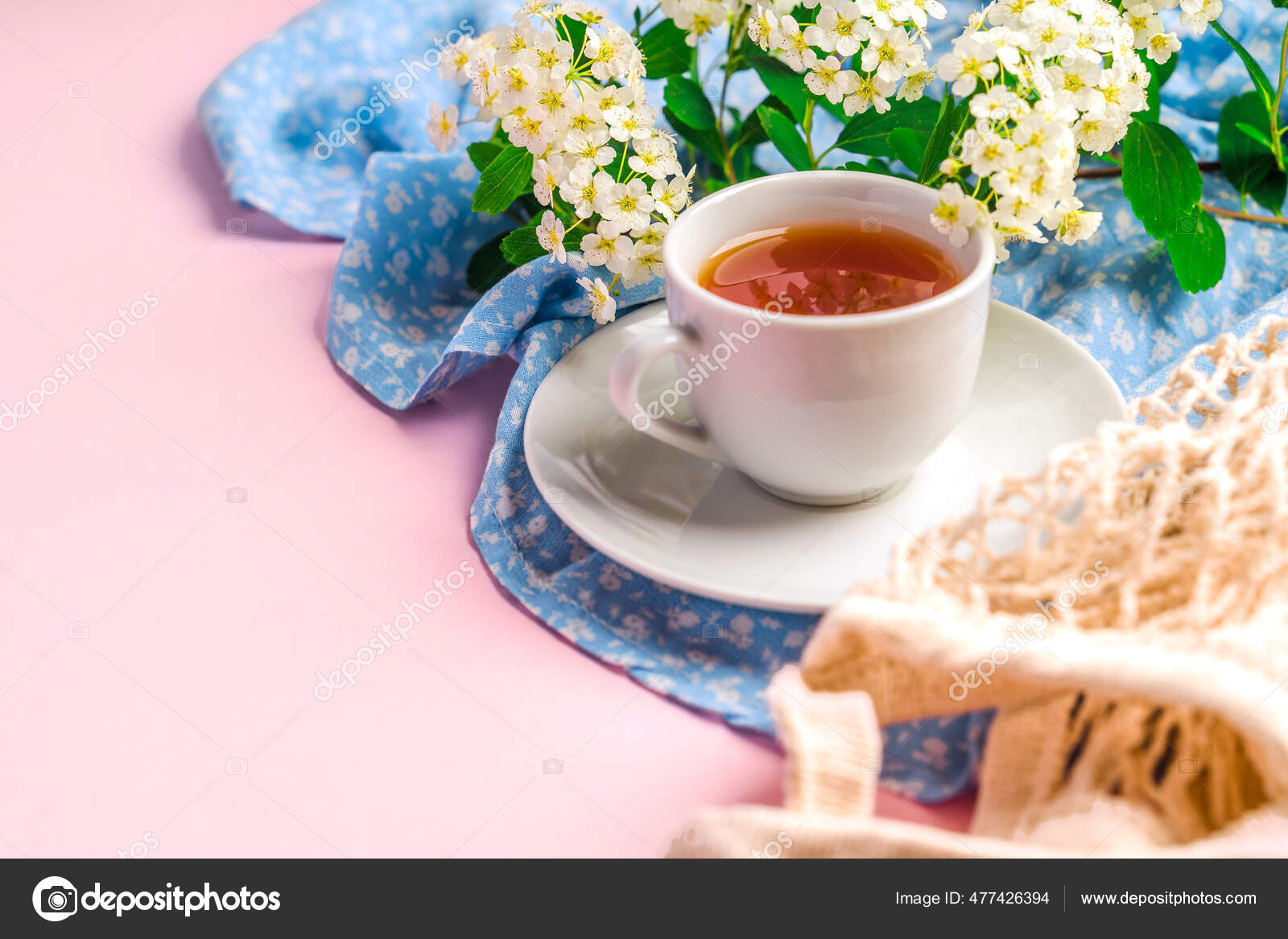 Beautiful Natural Spring Background Space Text Pink Table Cup Tea Stock ...