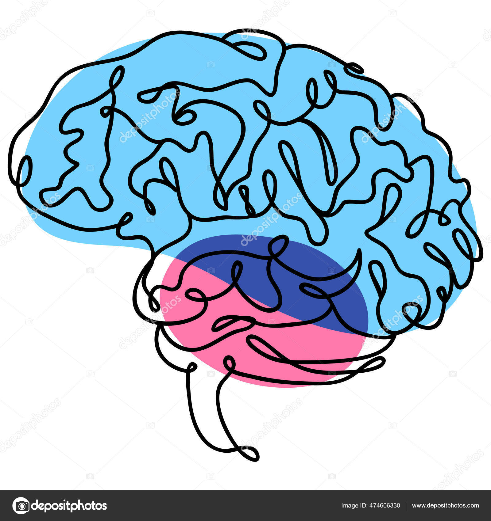 Kontinuierliche Linienzeichnung eines menschlichen Gehirns mit Gyri und ...