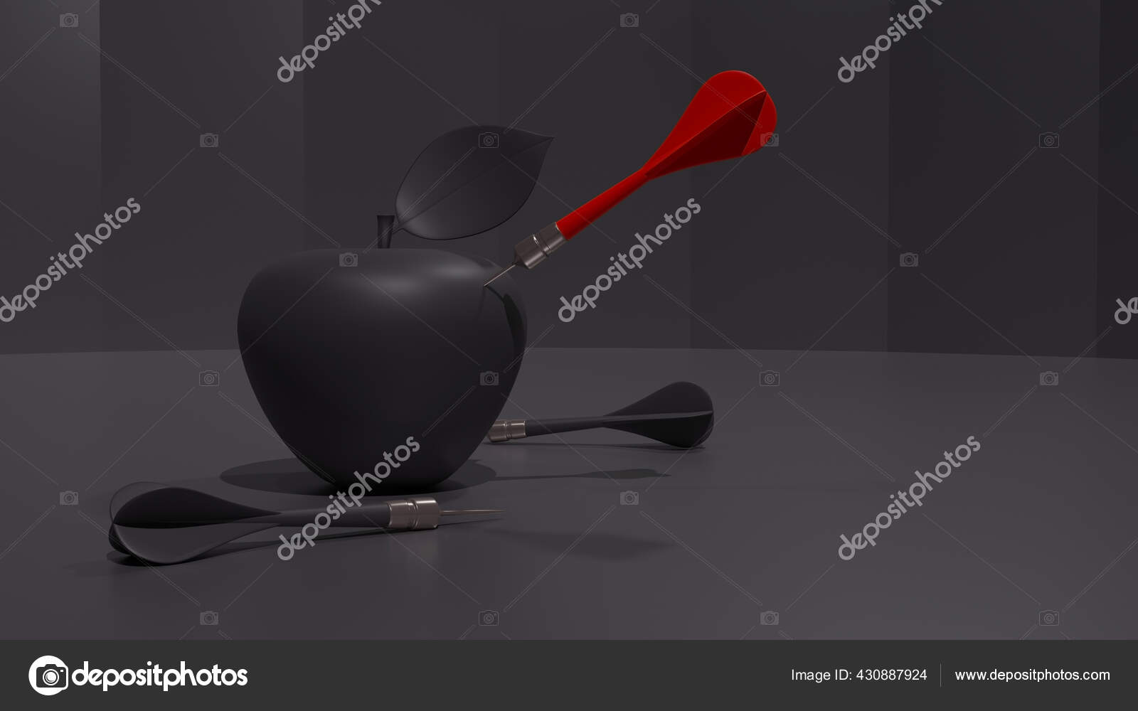 Dardo Rojo Golpeó Una Manzana Oscura Mientras Par Dardos Negros — Foto ...