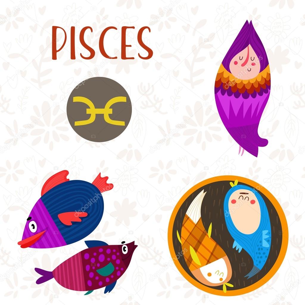 Cute Zodiac sign-Pisces-different illustrations in cartoon sty — Stock ...