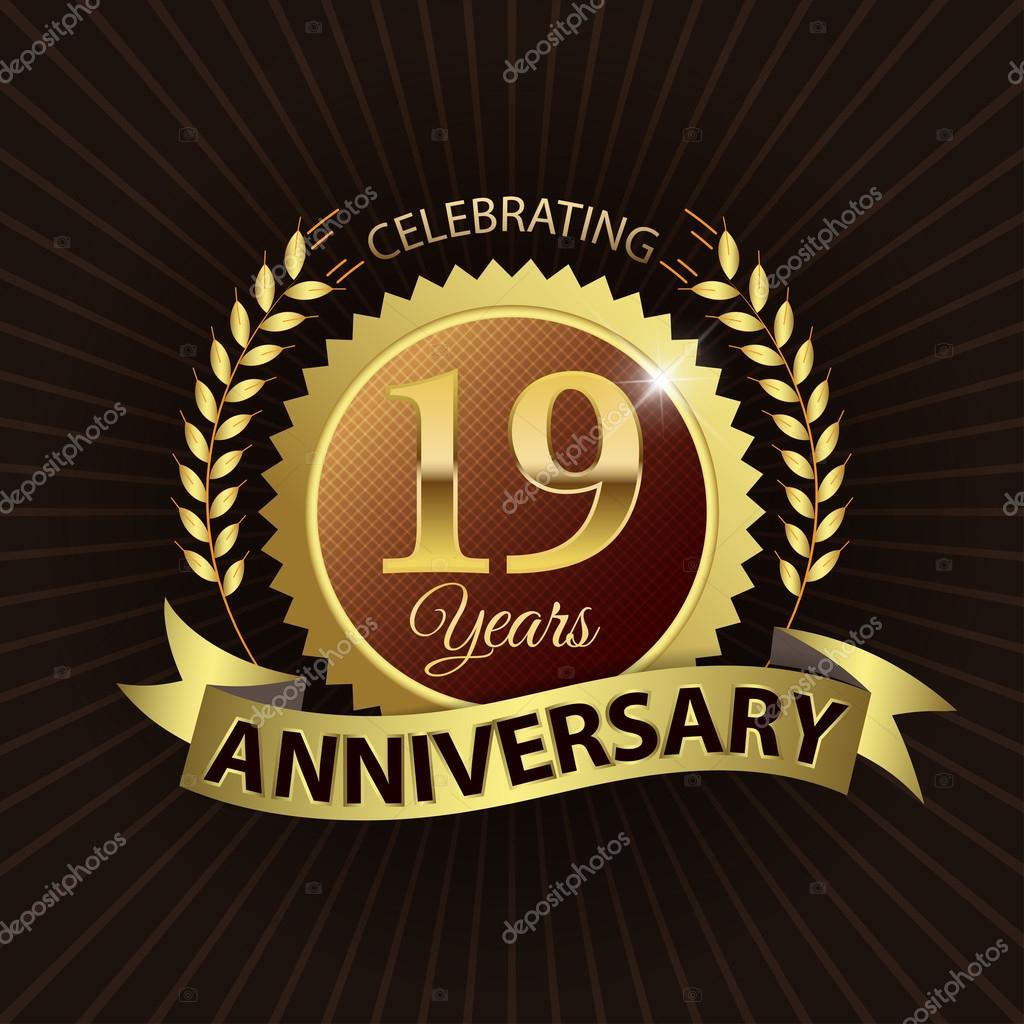 Celebrating 19 Years Anniversary, Golden Laurel Wreath Seal with Golden ...
