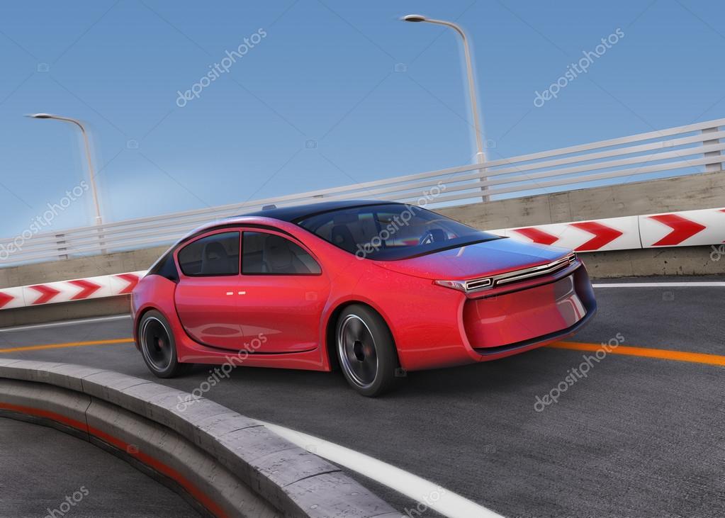 Red electric car on highway with motion blur background. — Stock Photo ...