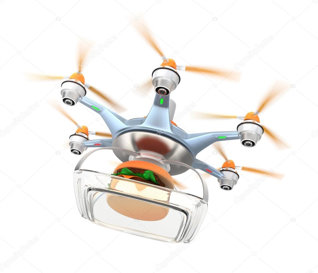 Drone carrying hamburger for fast food delivery concept — Stock Photo ...