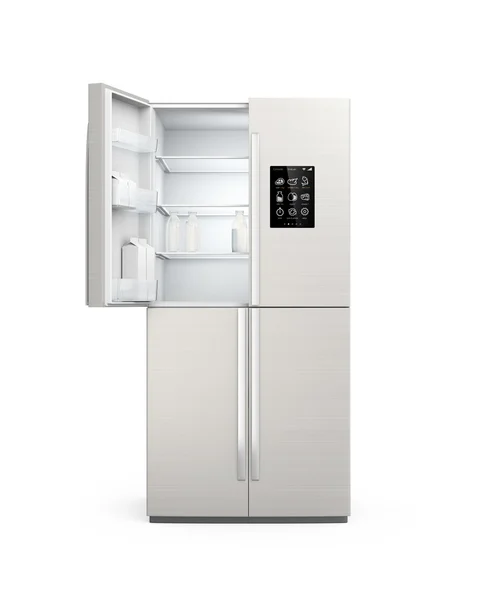 Opened Smart refrigerator with LCD screen. Concept of IoT. Stock Photo ...