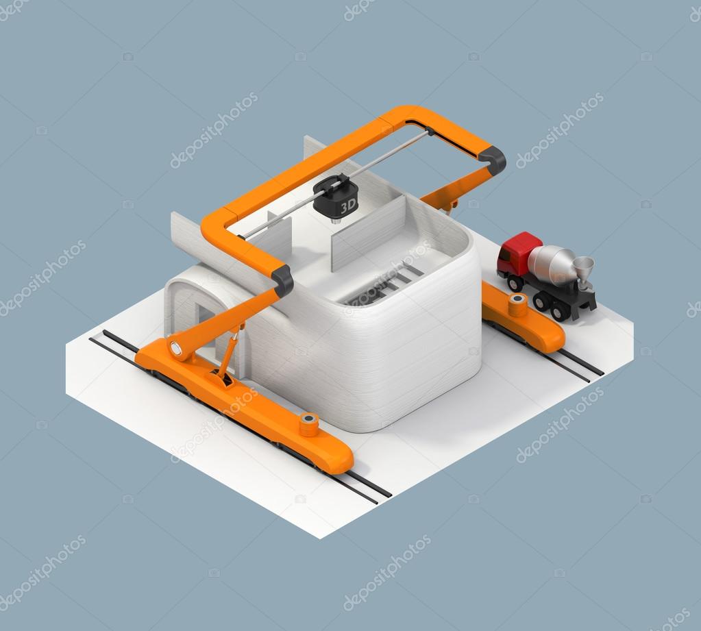Rear view of Industrial 3D printer and house model. Stock Illustration ...
