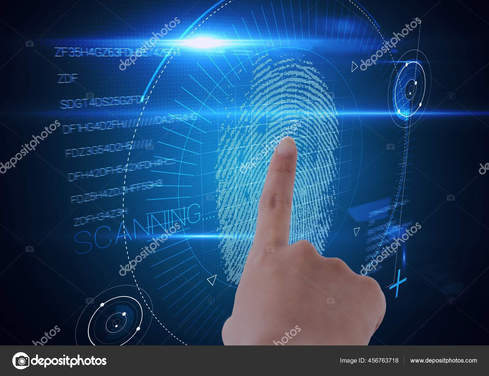 Human Finger Scanning Biometric Scanner Data Processing Blue Background ...