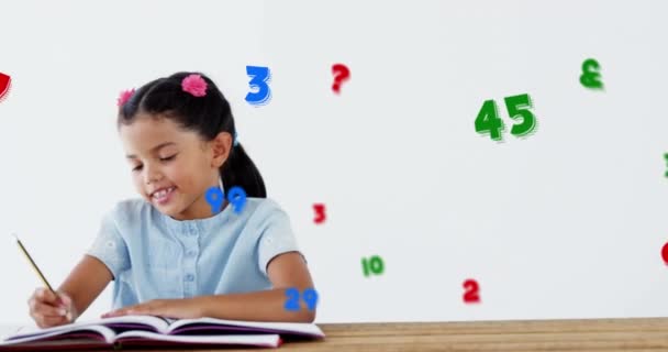 Multiple Numbers Symbols Floating School Girl Writing White Background ...