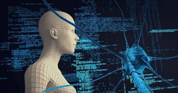 Composition of human digital head over neuron cell and data processing ...