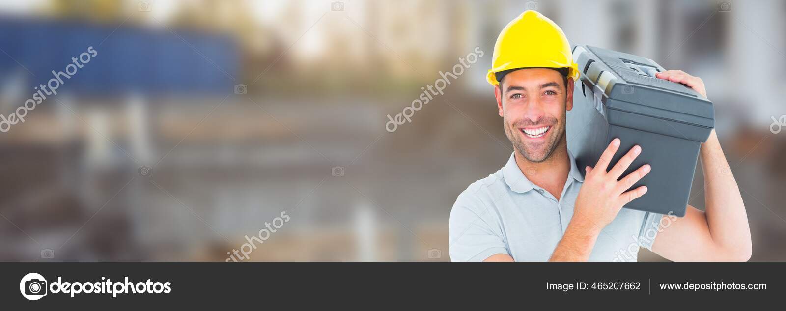 Smilling Caucasian Male Construction Worker Holding Tool Box ...