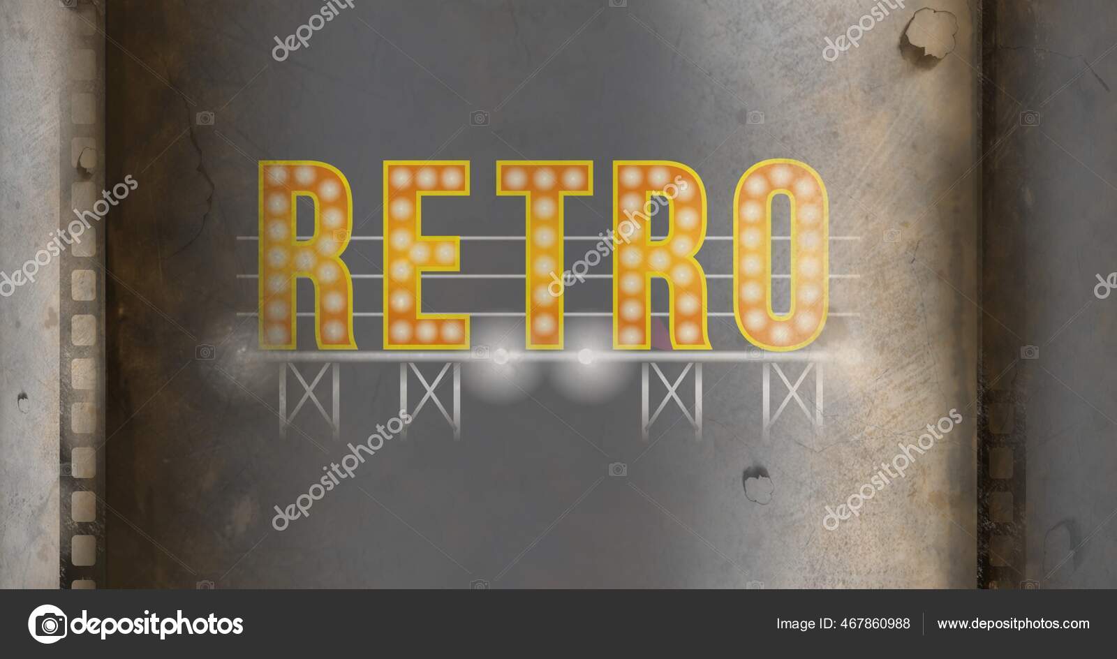 Composition Yellow Retro Text Lit Light Bulbs Grey Metallic Background ...