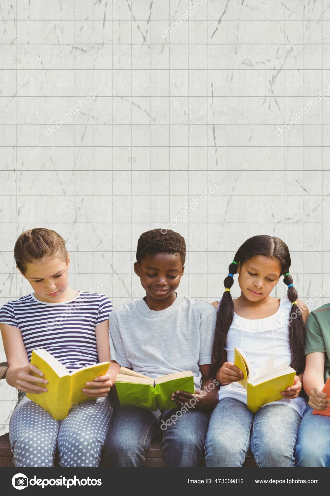 Composition Group Schoolchildren Reading Holding Books White Squared ...