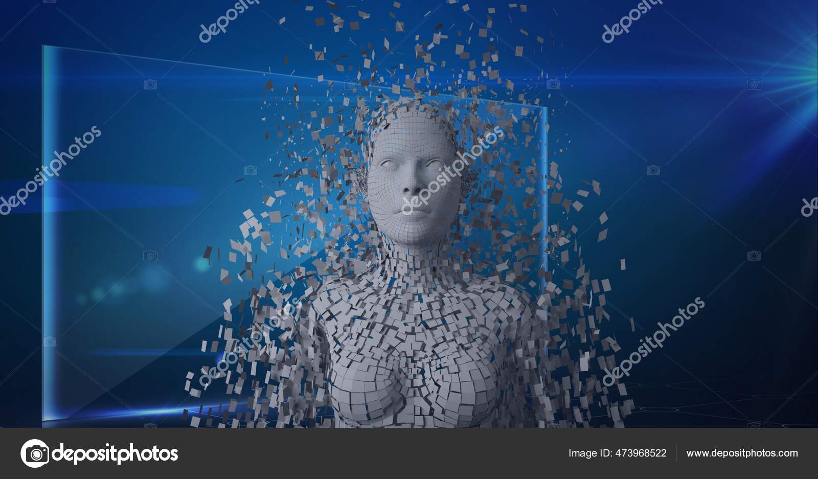 Composition Exploding Human Bust Formed Grey Particles Screen Blue ...