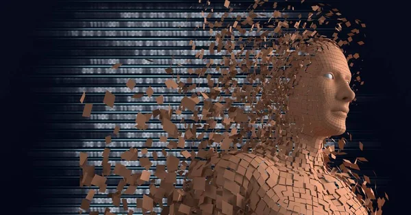 Composition Exploding Human Bust Formed Grey Particles Screens Blue Background Stock Photo by ...