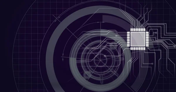 Composition of computer microchip with motherboard circuits and circular scopes on black. global ...