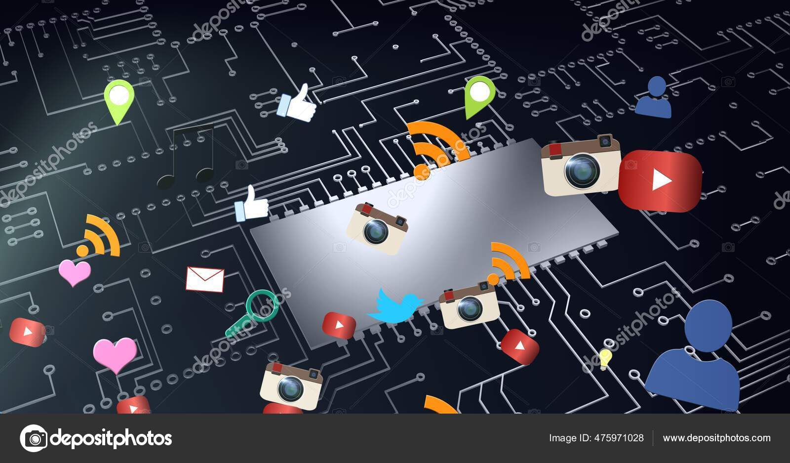Composition Network Digital Icons Computer Circuit Board Global Data ...