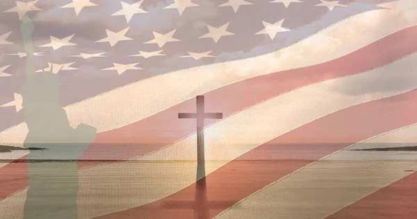 Composition Crucifix Soldier Silhouette Saluting American Flag American