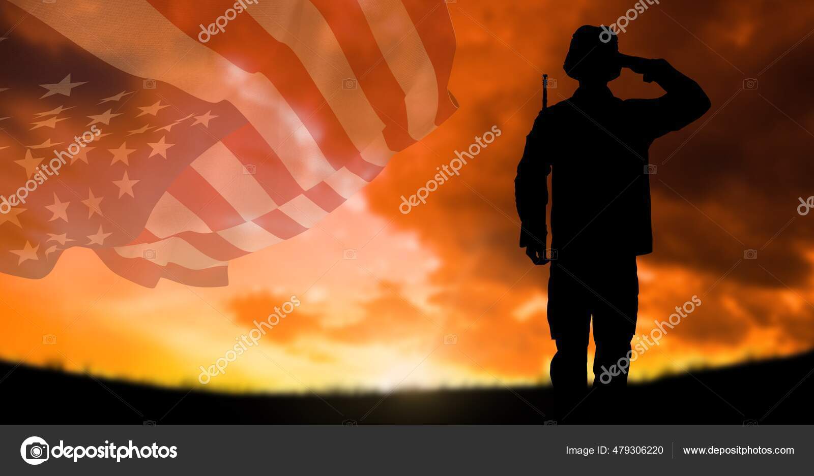 Composition Silhouette Saluting Soldier Sunset Sky Billowing American