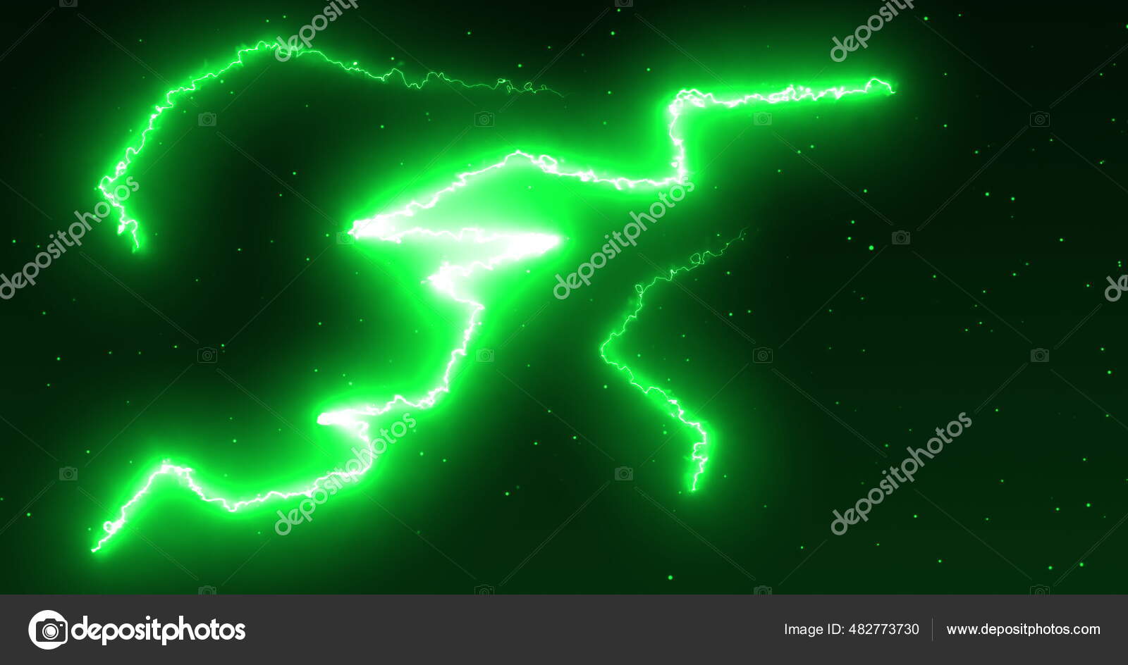 Green Lightning Bolts Electrical Current Moving Wildly Black Background ...
