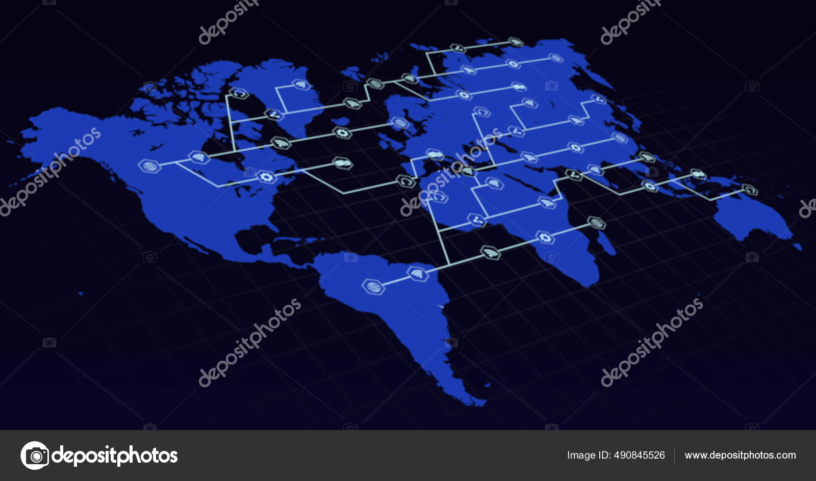 Blue World Map Growing White Network Connected Icons Black Background ...
