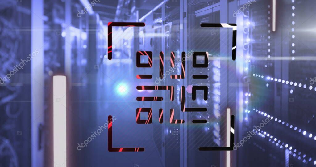 Imagen de código QR brillante con elementos de neón con servidores ...