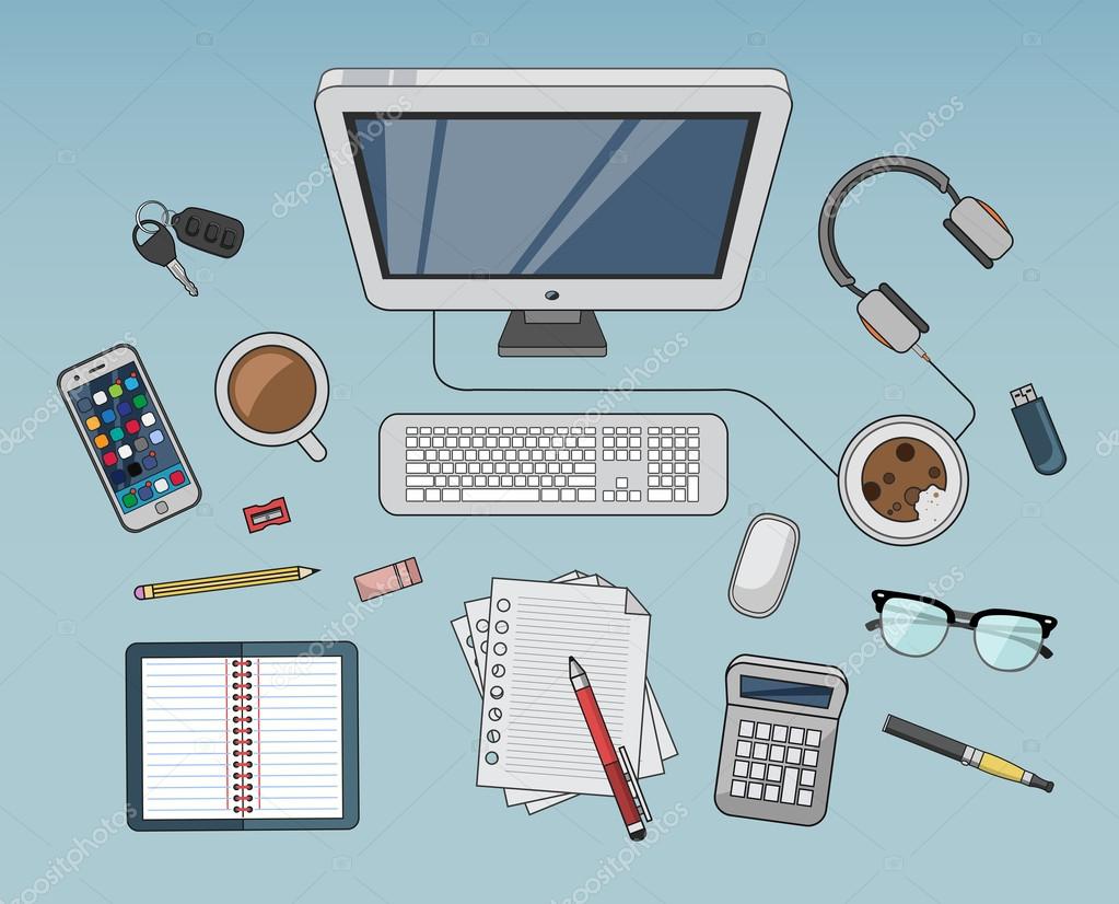 Desk with computer and other accessories vector Stock Illustration by ...