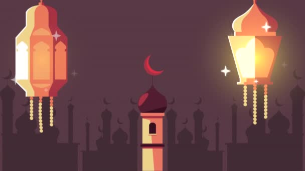 Ramadan kareem animation with lanterns hanging and temple scene — Stock ...