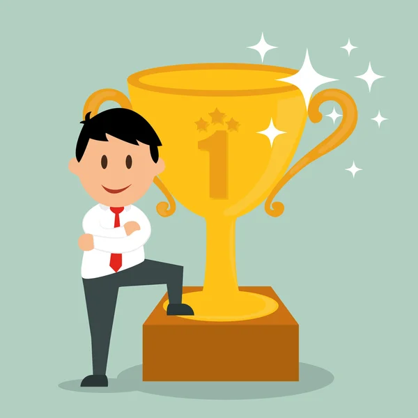 Cartoon successful smiling business man with golden award on winners ... Cartoon successful smiling business man with golden award on winners ...