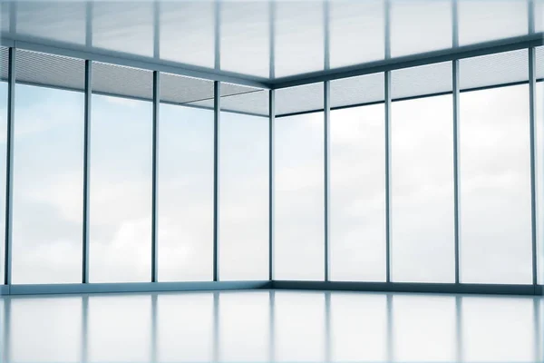 Front big hall and wide window with reflection floor. Sky view and ...