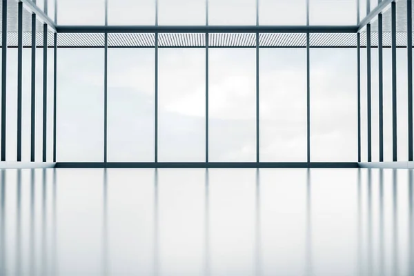 Front big hall and wide window with reflection floor. Sky view and ...