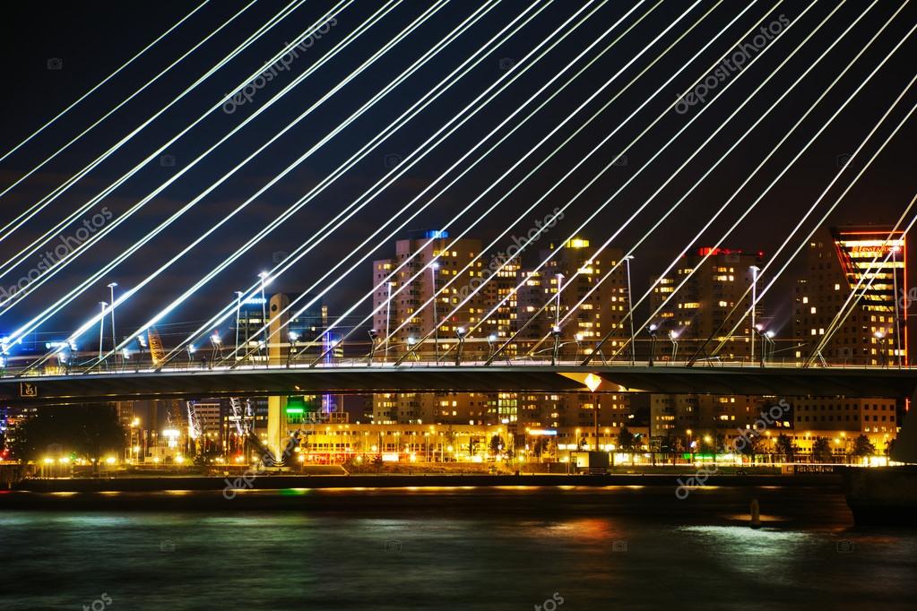 Erasmus Bridge in Rotterdam, Netherlands, at night — Stock Editorial ...